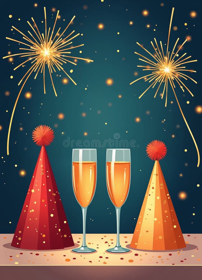 Vector of a Poster with Fireworks and Glasses of Champagne with Star ...