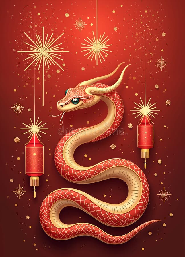 A Vector Poster of a Red and Gold Snake and Fireworks with Chinese New ...