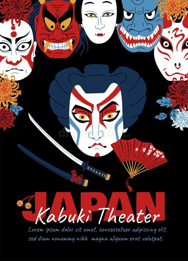 Vector Poster with Traditional Japanese Kabuki Masks: Mythical Demons ...