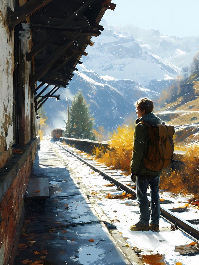 Vector Poster Traveling, a Person Standing on Train Tracks Stock ...