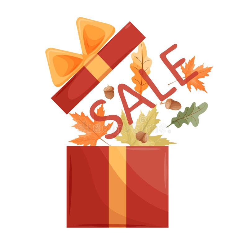 Vector Present Box with Fall Leaves Illustration, Sale Box with Flying ...