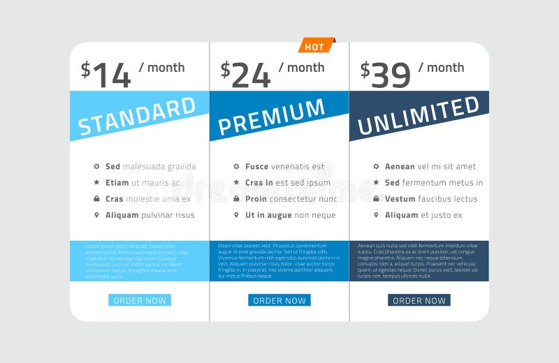 Vector Pricing Table Template. Template with Four Pricing Types Stock ...