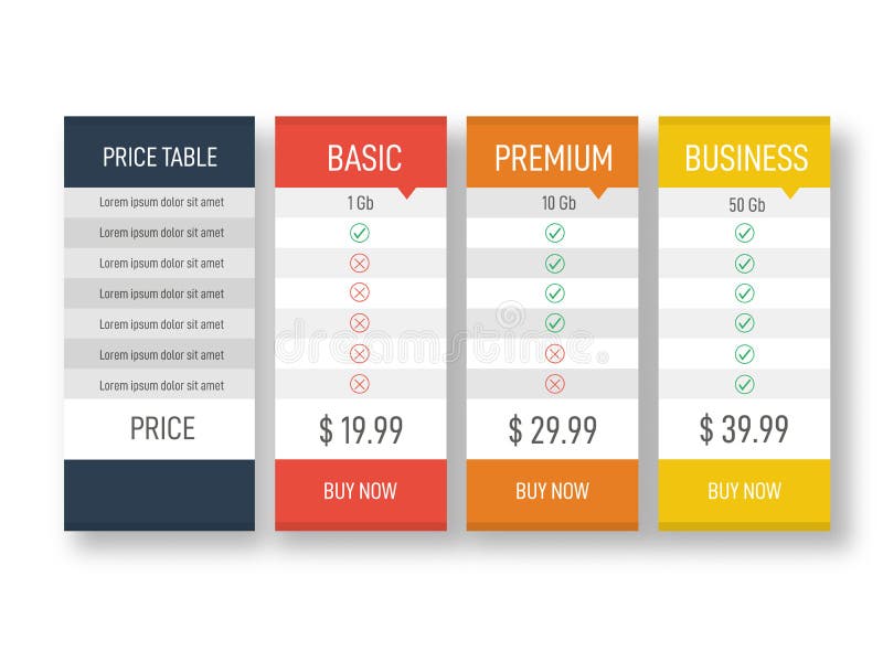 Price Table for Websites and Applications. Business Template in Flat ...