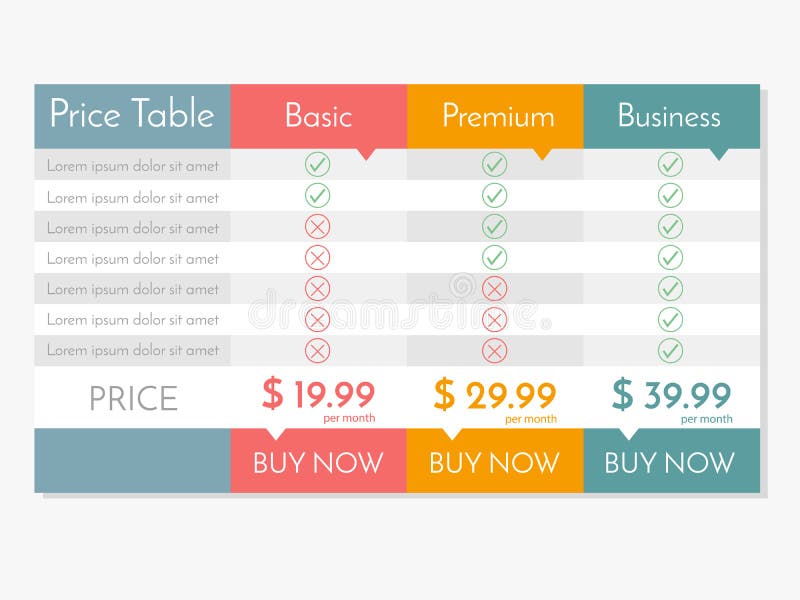 Light Pricing Table with 3 Options. Icon Set Inclu Stock Vector ...