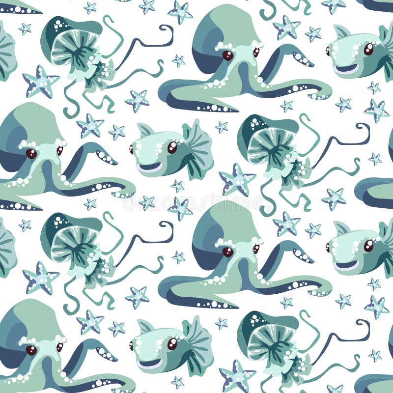 Vector Print with a Seamless Pattern of Pink Octopus, Seal, Shell, Star ...