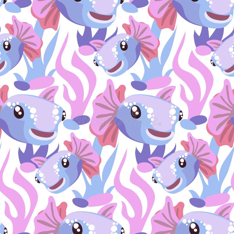 Vector Print with a Seamless Pattern of Blue-pink Fish in Algae on a ...