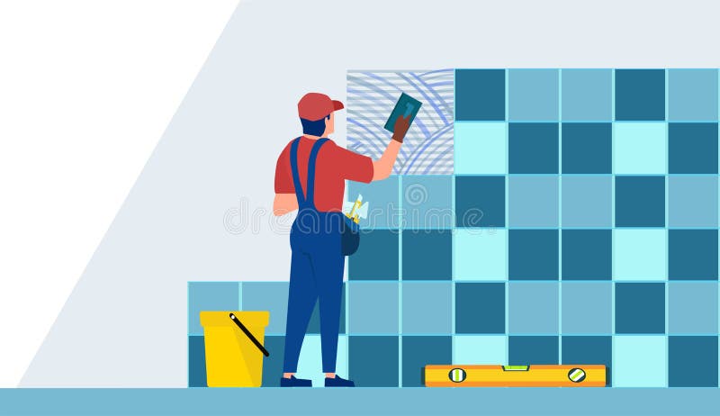 Vector of Professional Tiler Installing Tiles on a Wall Stock ...