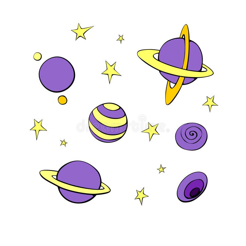 Vector Purple Planets, Space Objects in Doodle Flat Style. Simple Color ...