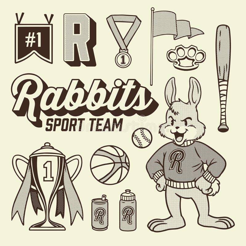Rabbit Mascot Vintage Hand Drawn Object Set Stock Vector - Illustration ...