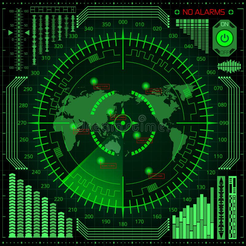 Vector Radar Screen with World Map, Targets and Futuristic User ...