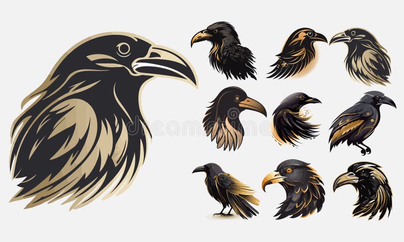 Vector Raven Collection. Black and Gold Crow, Raven, Birds Set Stock ...