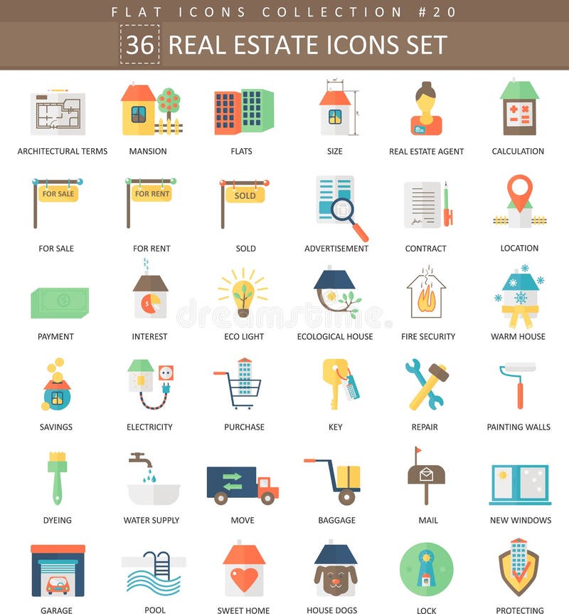 Vector Real Estates Color Flat Icon Set. Elegant Style Design. Stock ...