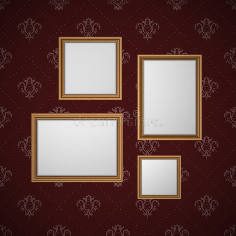 Vector Realistic Blank Picture Frames Hanging on Wall with Dark Red ...