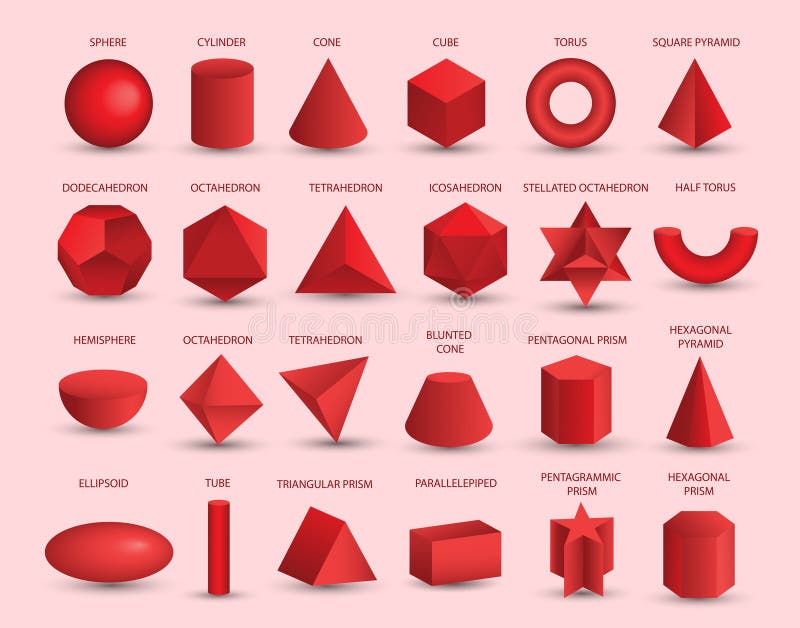Vector Realistic 3D Red Geometric Shapes Isolated on Background. Maths ...