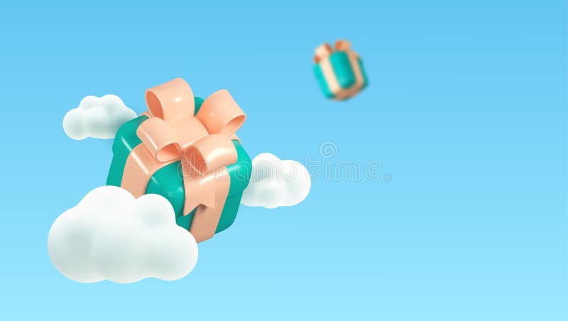 Vector Realistic Gift Box Around Cartoon Clouds. Blue Surprise Gift ...