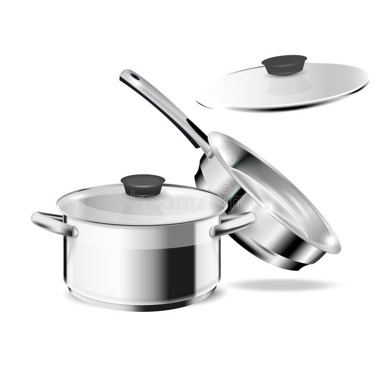 Vector Realistic Mockup of Empty Steel Frying Pan with Handle and Lid ...