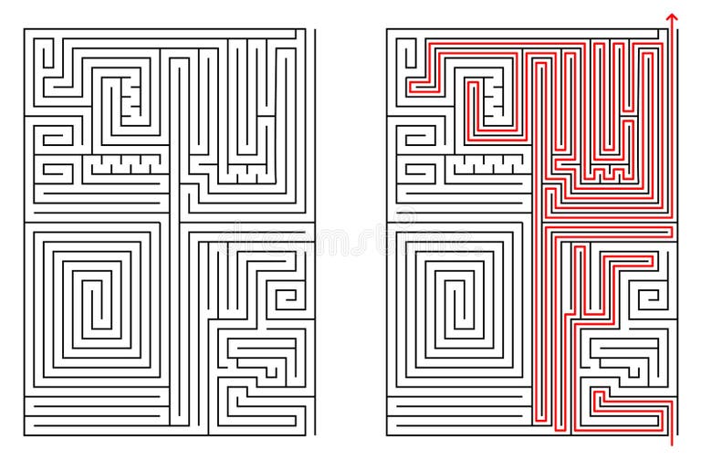 Vector Rectangular Labyrinth with Entry and Exit. Difficulty Level - Hard. Maze with Solution ...
