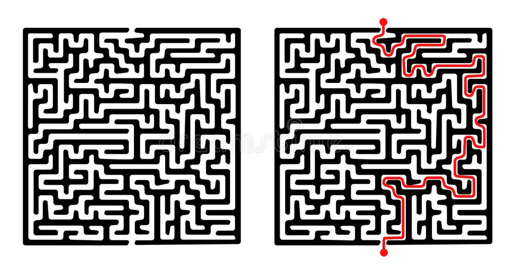 Vector Rectangular Labyrinth with Red Passing Route. Difficulty Level ...