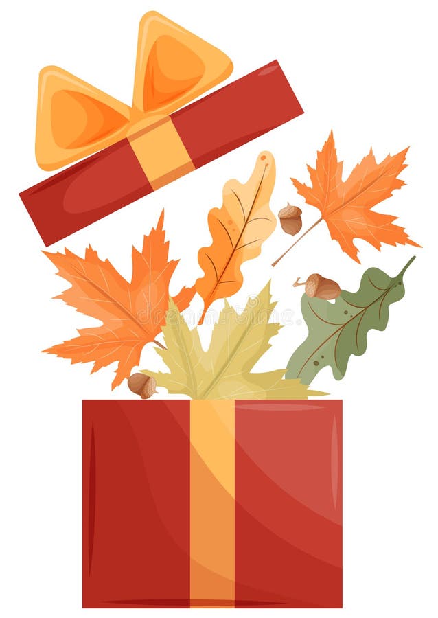 Vector Red Box with Yellow Bow and Autumn Forest Leaves Illustration ...