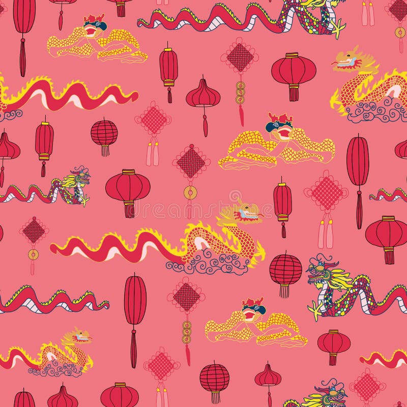 Vector Red Chinese New Year Celebrations with Dragons and Lanterns ...