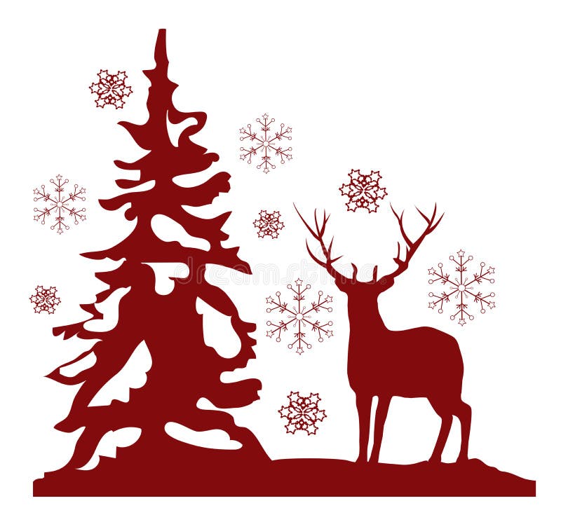 Vector Red Deer, a Tree with Snow, Snowflakes. Stock Vector ...