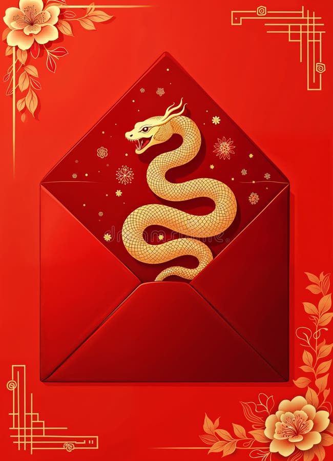 Vector of a Red Envelope with a Golden Snake on it and Chinese New Year ...