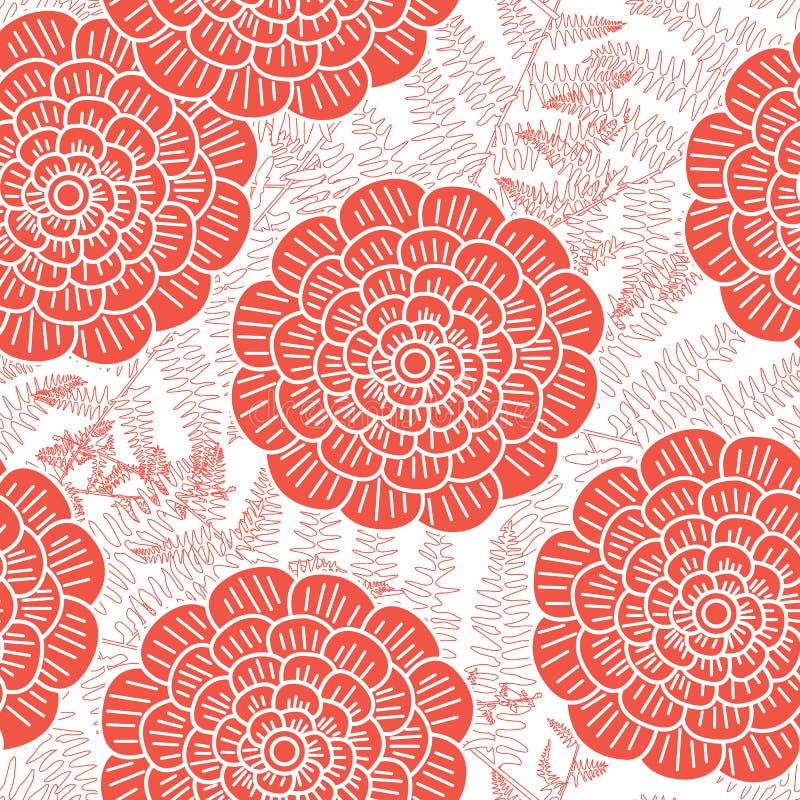 Vector Red Flowers and Fern on White Seamless Repeat Pattern Stock ...