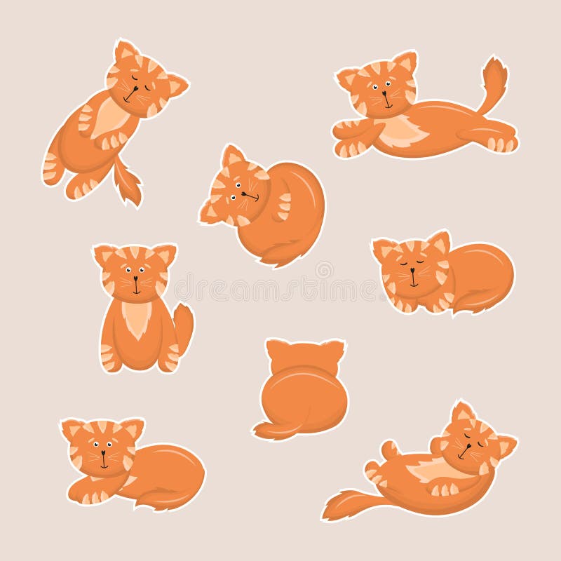 Vector Red Fluffy Cat with White Stripes in Different Poses. Stickers ...