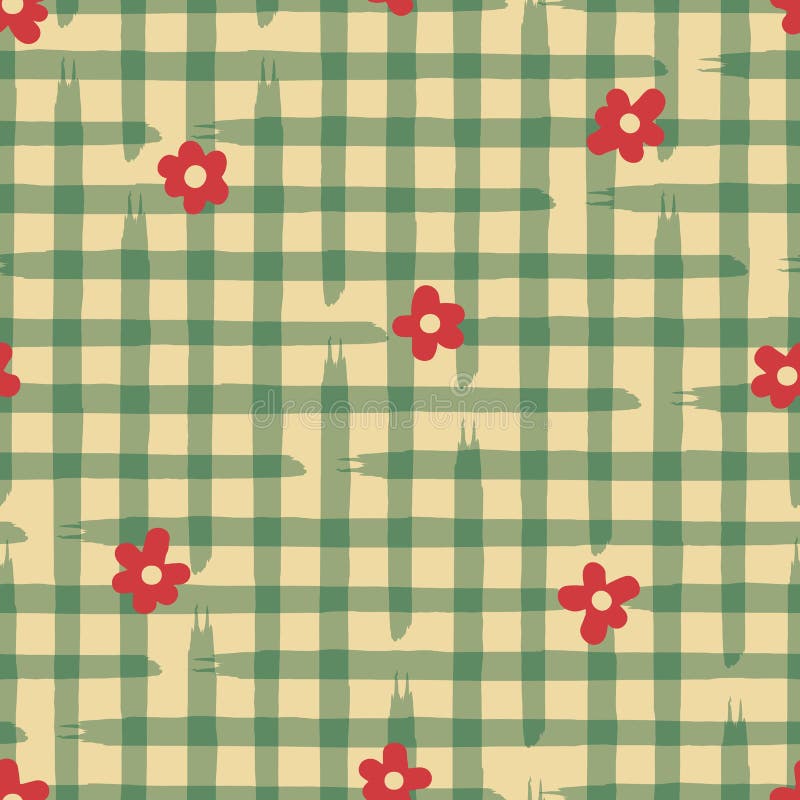 Vector Red Green Flowers Check Seamless Pattern Stock Vector ...