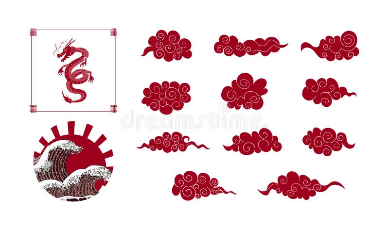 Vector Red Oriental Style Decorative Elements, Isolated Illustrations ...