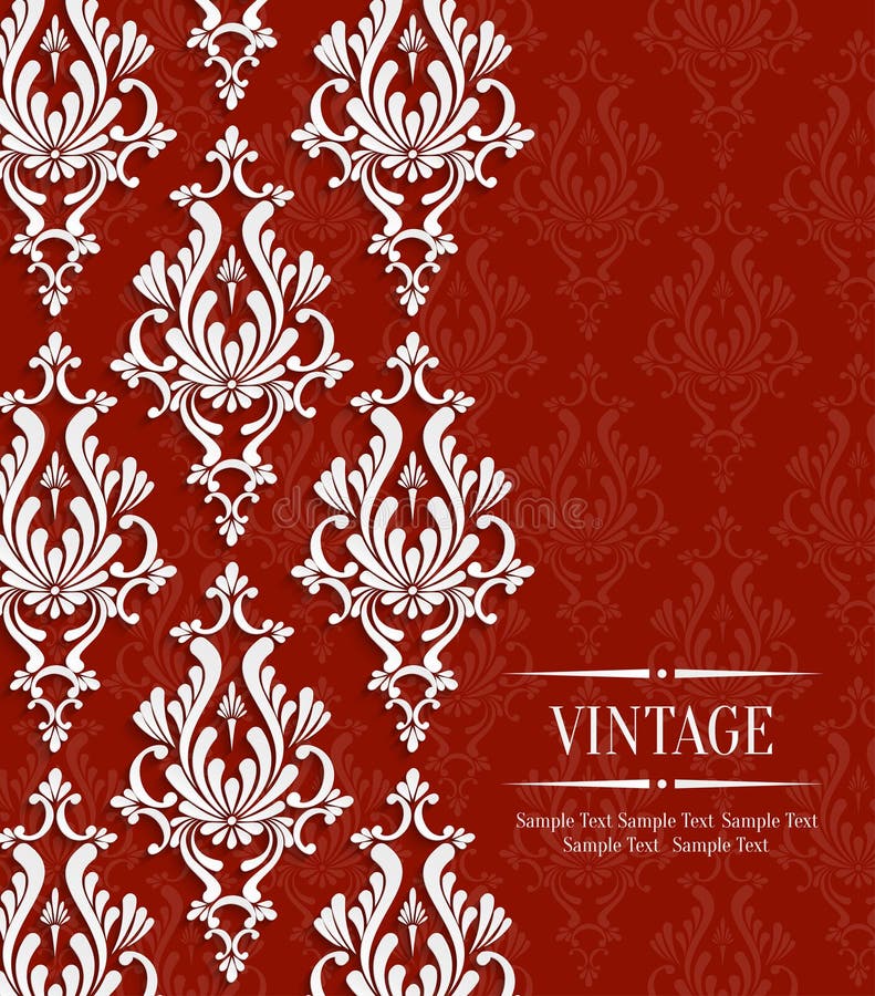 Vector Red Vintage Invitation Card with Floral Damask Pattern Stock ...