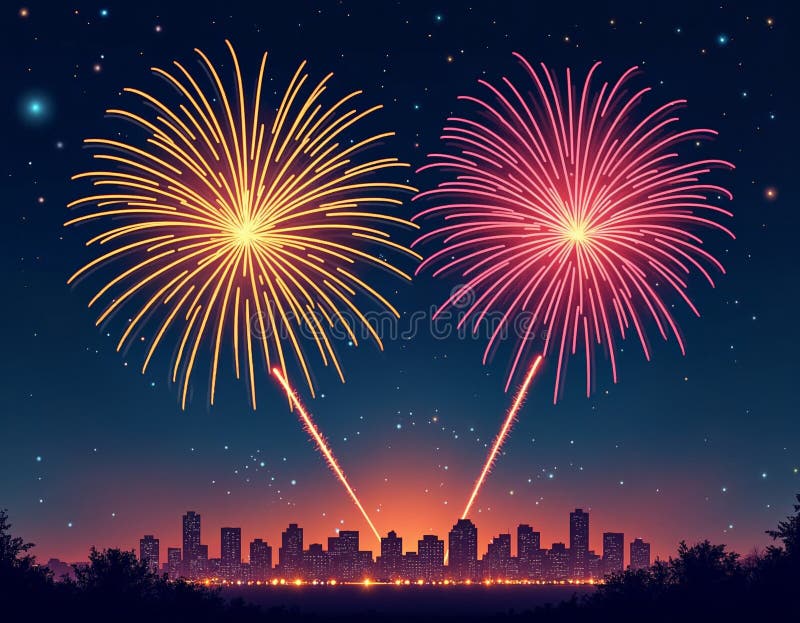 Vector of Red and Yellow Fireworks Explode and Bursting in the Night ...