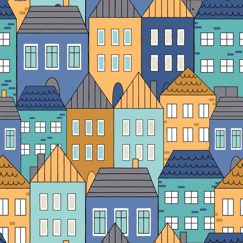 Vector Repeat Pattern with Blue and Yellow Houses Stock Vector ...