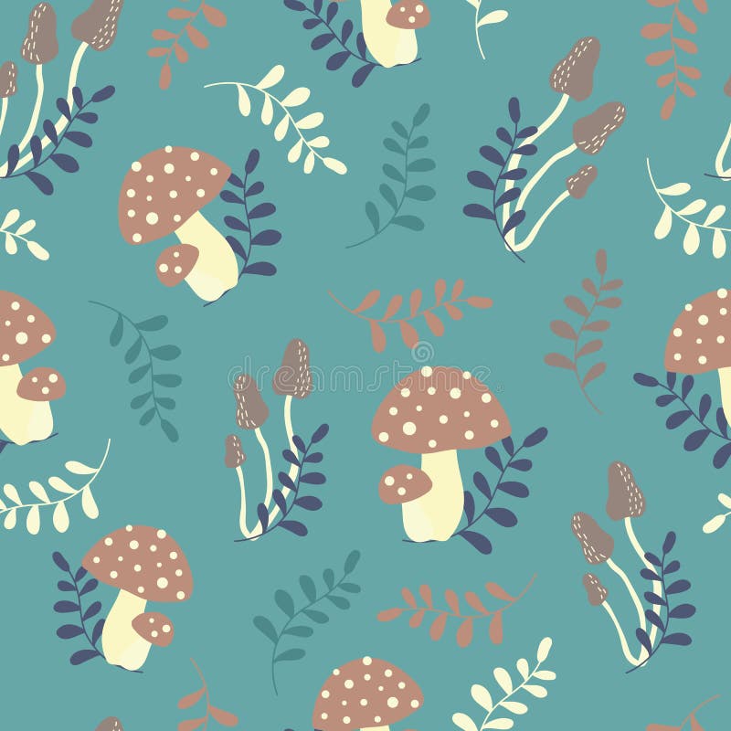 Vector Repeat Pattern with Cute Mushrooms and Leaves Stock Illustration ...