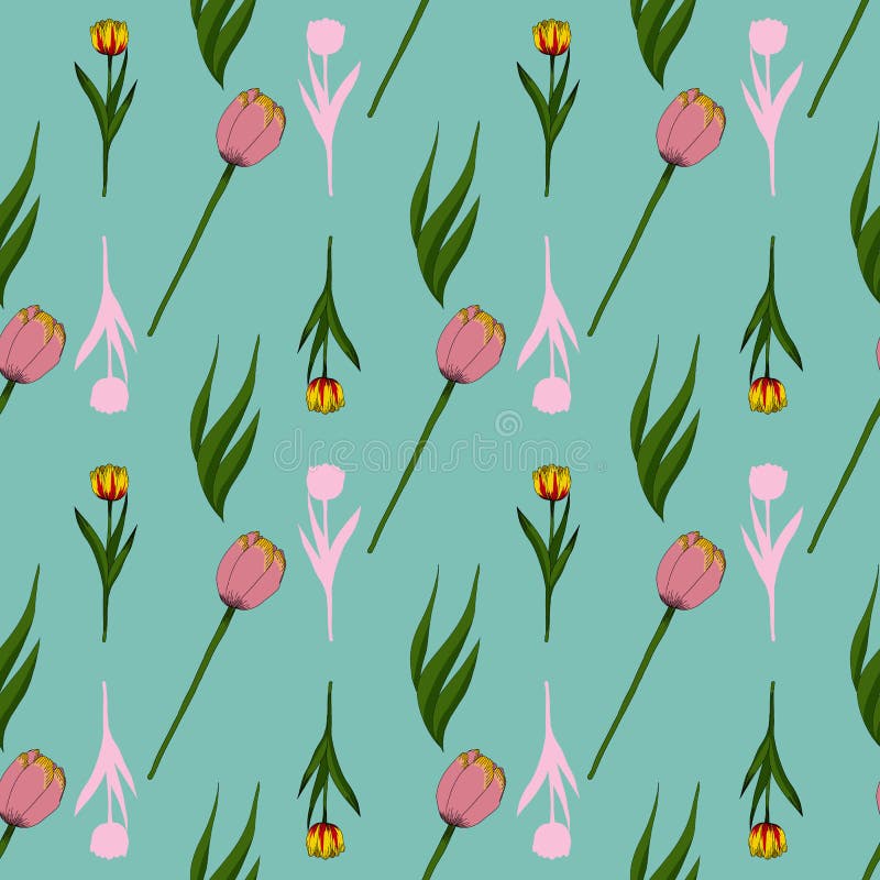 Vector Repeat Pattern Design with Pink Tulips on Green Background Stock ...
