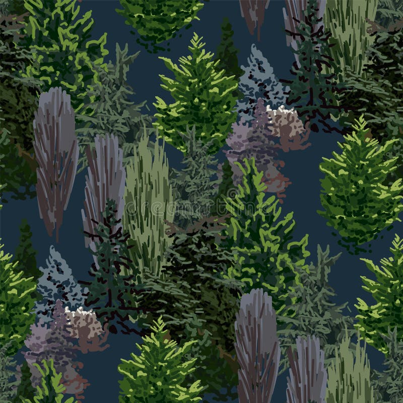 Vector Seamless Pattern of Lush Coniferous and Deciduous Trees Stock ...