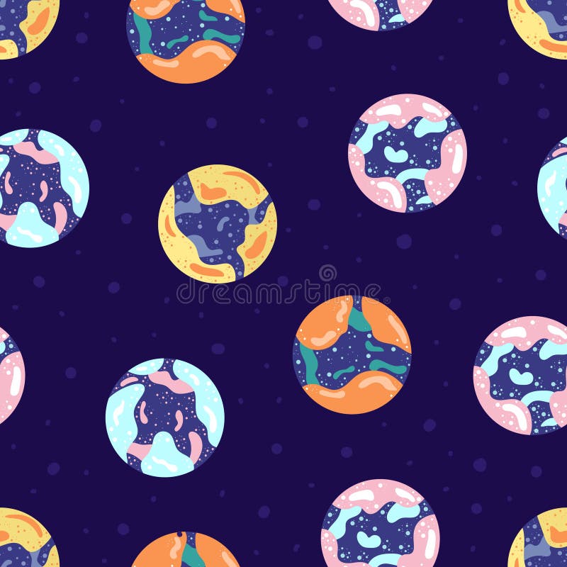 Vector Repeating Pattern with Small Earth Planets. Dark Blue Background ...