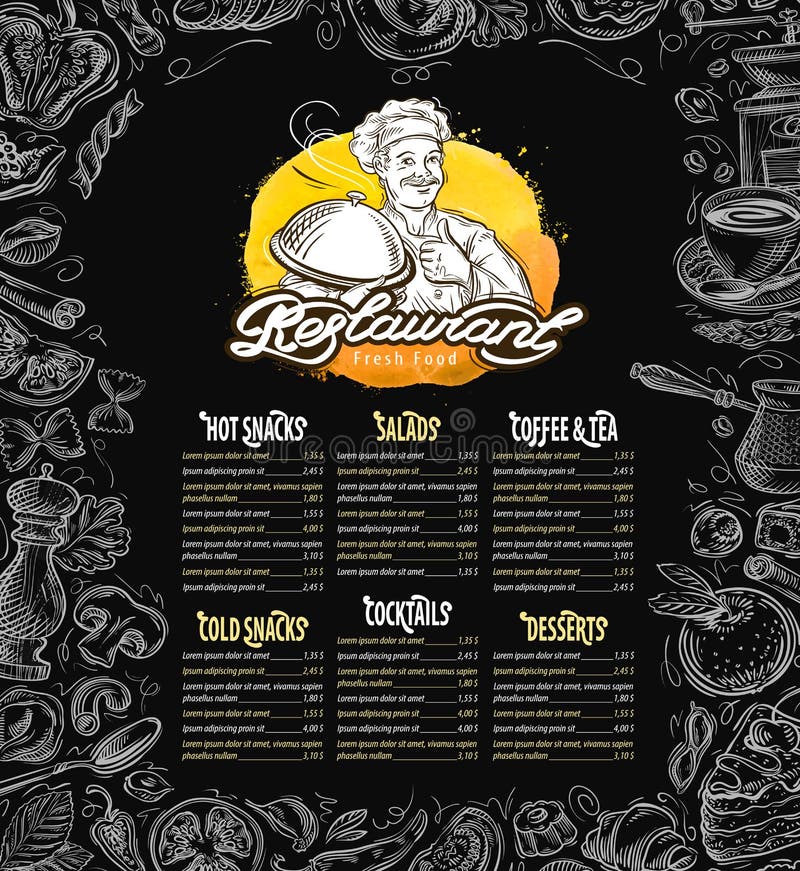 Vector Restaurant Brochure, Menu Cafe Template with Hand-drawn Graphic ...