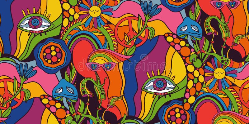 Vector Retro Colorful Psychedelic Seamless Pattern in 1970s Style Stock ...