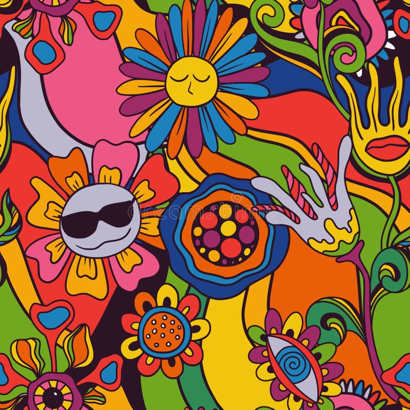 Vector Retro Colorful Psychedelic Seamless Pattern in 1970s Style Stock ...