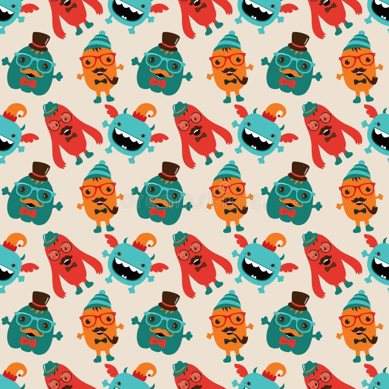 Vector Retro Hipster Monsters Seamless Pattern Stock Vector ...