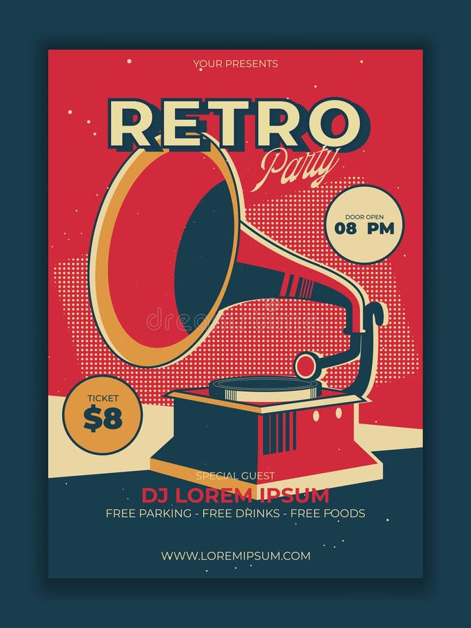 Vector Retro Party Poster with Vintage Gramophone Illustration Stock ...
