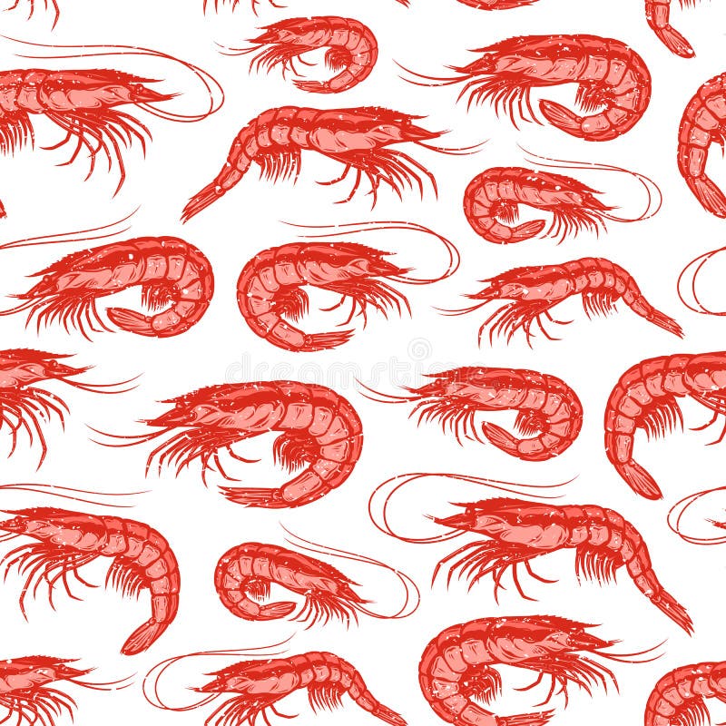 Vector Retro Styled Shrimp Seamless Pattern, Seafood Background Stock ...
