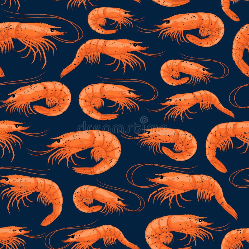Vector Retro Styled Shrimp Seamless Pattern, Seafood Background Stock ...