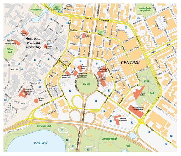 Vector Road Map of Central Canberra, Australia Stock Vector ...