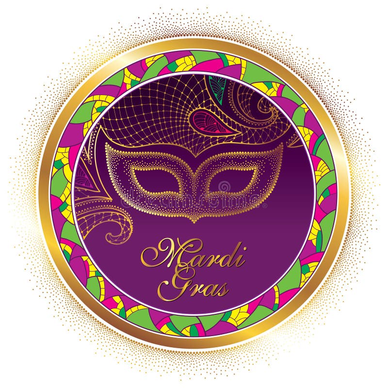 Vector Round Composition with Dotted Carnival Mask, Ornate Lace in Gold ...