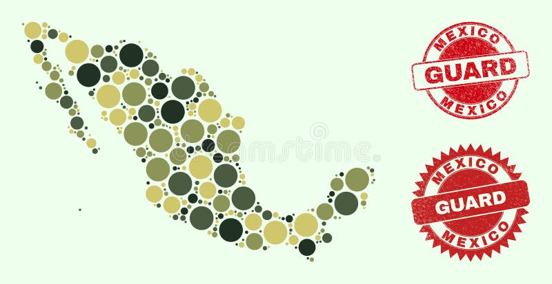 Mexico Map Mosaic with Camo Military Round Items with Scratched Guard ...