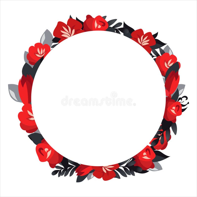 Vector Round Frame of Hand Drawn Flowers for Words. Isolated Red Black ...