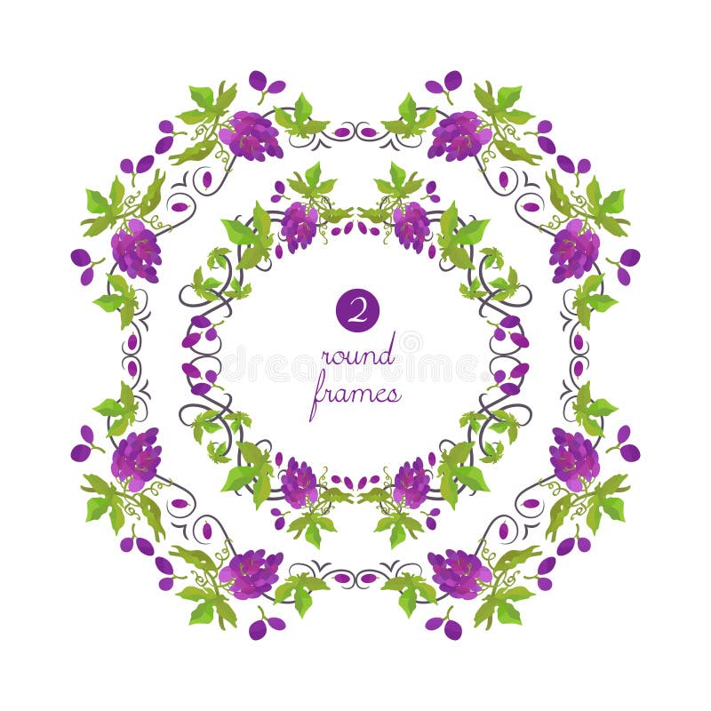 Vector Round Frames with Bunch of Grapes and Leaves Stock Vector ...