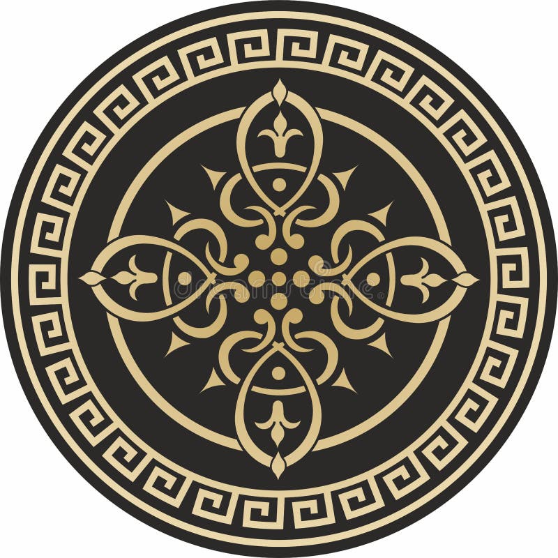 Vector Round Greek Gold on the Black Background Ornament. Meander in a ...
